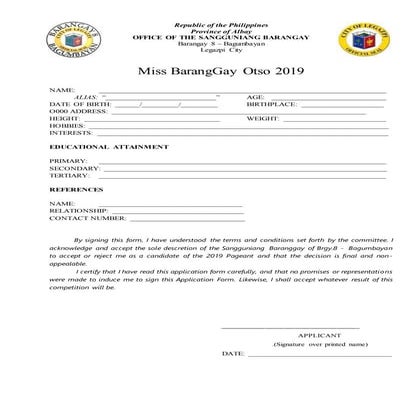 Application Form for Miss BarangGay Otso | DOCX