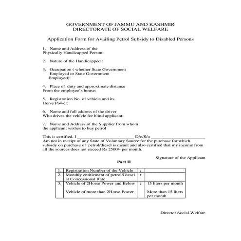 Application form for availing petrol subsidy to disabled persons | PDF