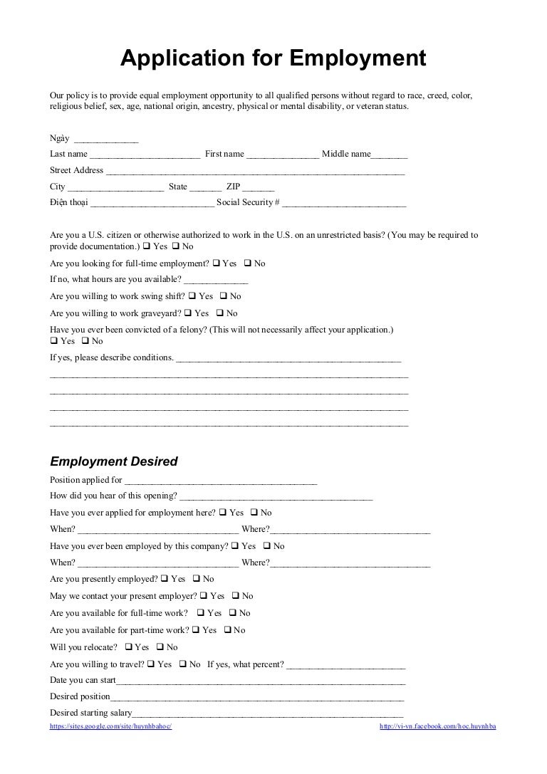 Application form for employment (đơn xin việc tiếng anh)