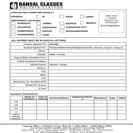 Application form for_faculty | DOC | Resume Writing and Advice | Job Search