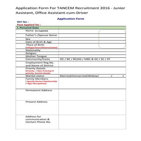 Application Form for TANCEM Recruitment 2016 - Junior Assistant, Office ...