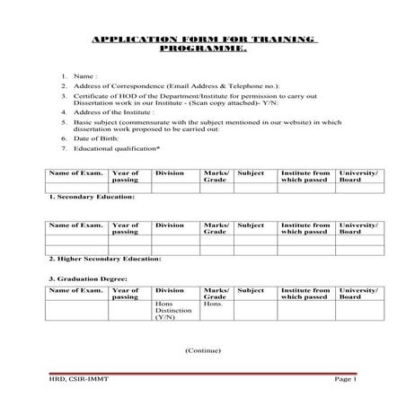 Application form for training programme | DOC