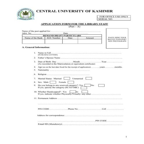 Application form librarystaff kashmir | PDF
