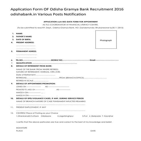 Application Form of Odisha Gramya Bank Recruitment 2016 Odishabank.in ...