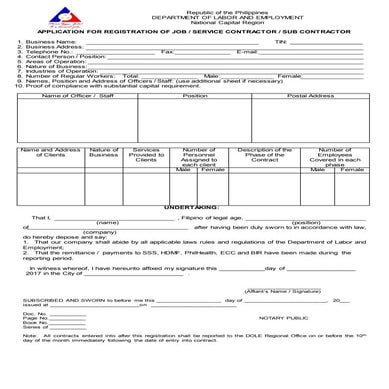 DOLE NCR : Application form registration of job, service contractor and sub contractor | DOC