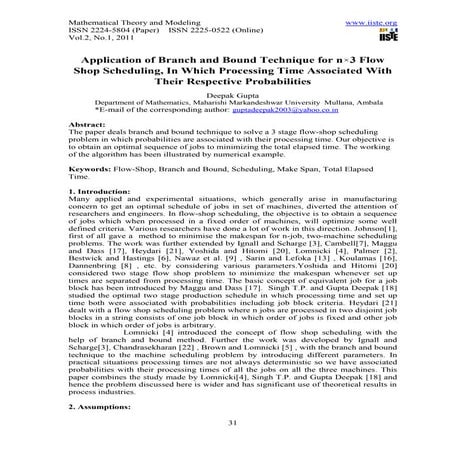 Application Of Branch And Bound Technique For Nx3 Flow Shop Scheduling In Which Processing Time