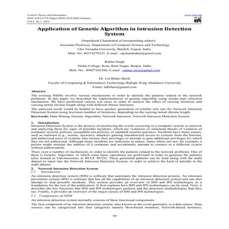 Application Of Genetic Algorithm In Intrusion Detection System Pdf