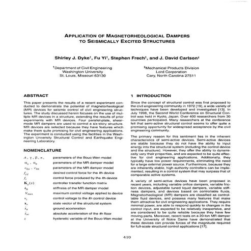 Application Of Magnetorheological Dampers To Seismically Excited Structures Pdf Civil