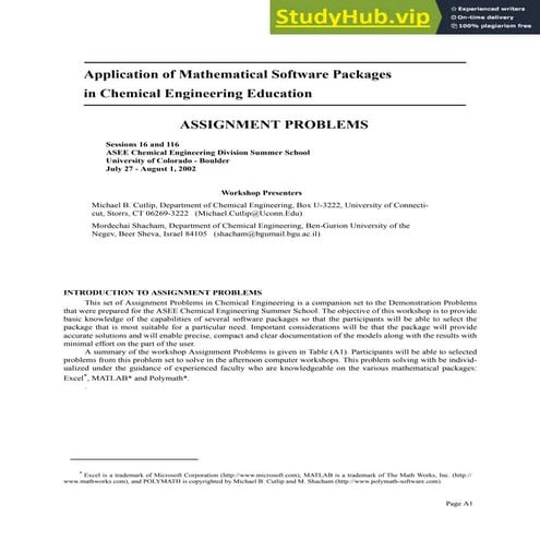 Application Of Mathematical Software Packages In Chemical Engineering Education ASSIGNMENT ...