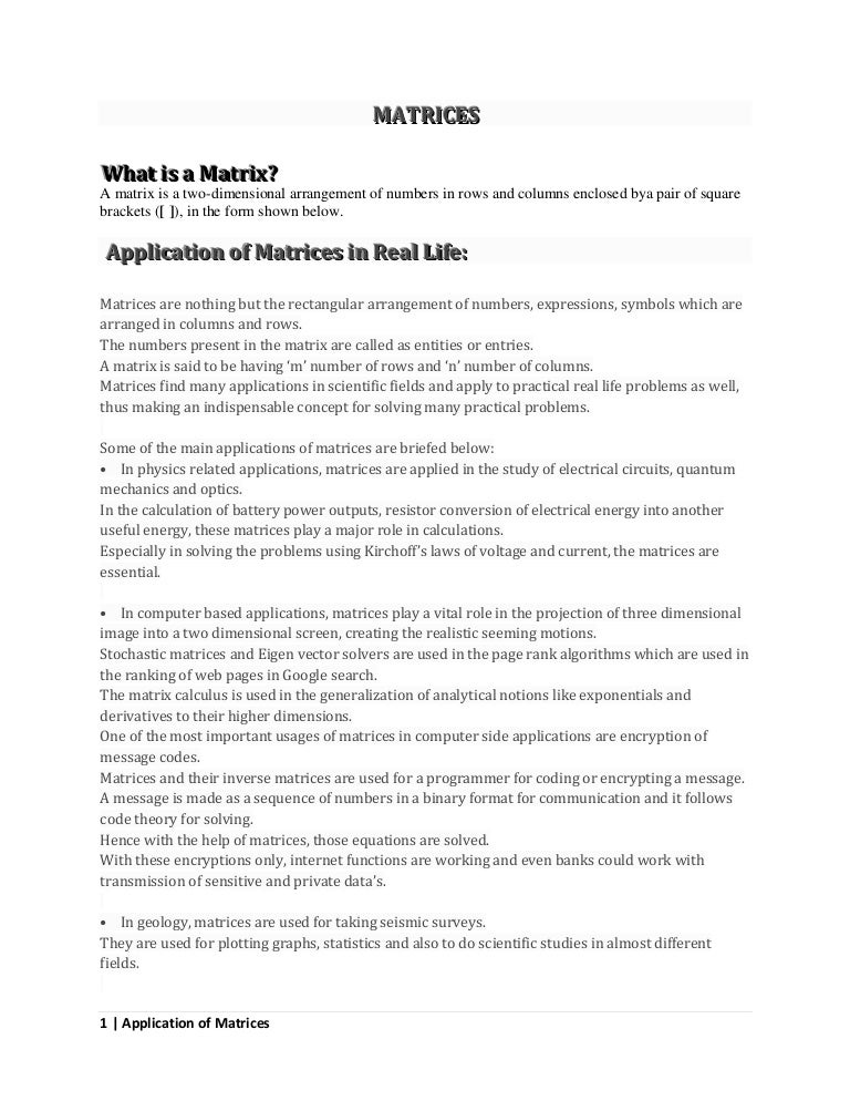 Application Of Matrices In Real Life Application Of Matrices In Real Life