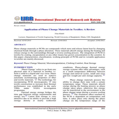 Application of Phase Change Materials in Textiles: A Review | PDF
