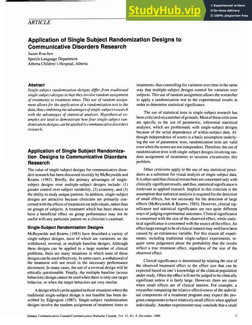 Application Of Single Subject Randomization Designs To Communicative Disorders Research Pdf