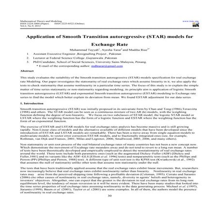 Application of smooth transition autoregressive (star) models for exchange rate | PDF