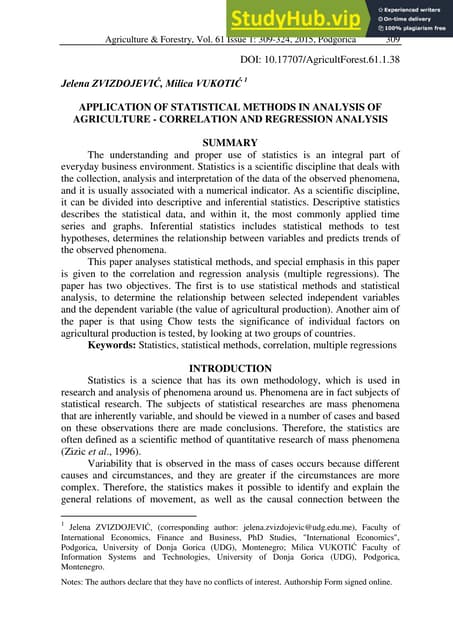 Application Of Statistical Methods In Analysis Of Agriculture