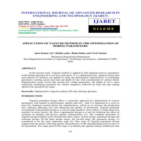 Application Of Taguchi Method In The Optimization Of Boring Parameters