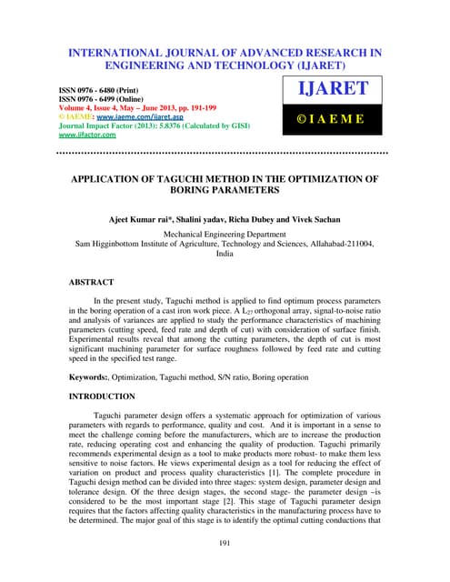 Application Of Taguchi Method In The Optimization Of Boring Parameters