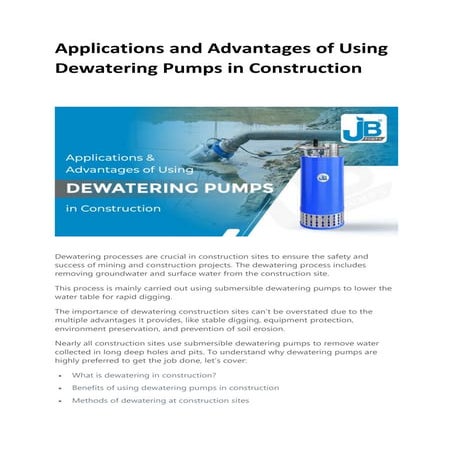 Applications and Advantages of Using Dewatering Pumps in Construction | PDF