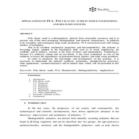 APPLICATIONS OF PLA - POLY (LACTIC ACID) IN TISSUE ENGINEERING AND ...