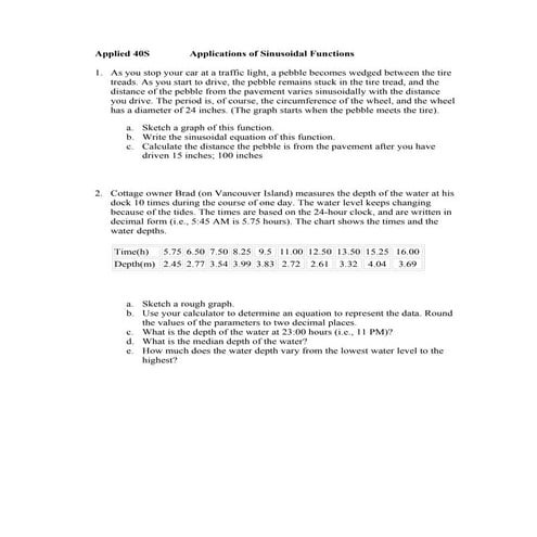 Applications Of Sinusoidal Functions Assignment Pdf 