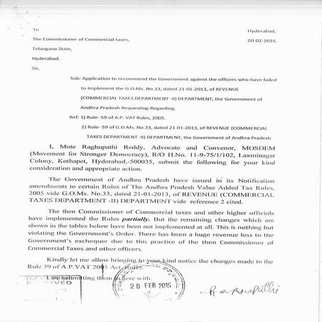 Telangana commercial taxes corruption application to commissioner | PDF