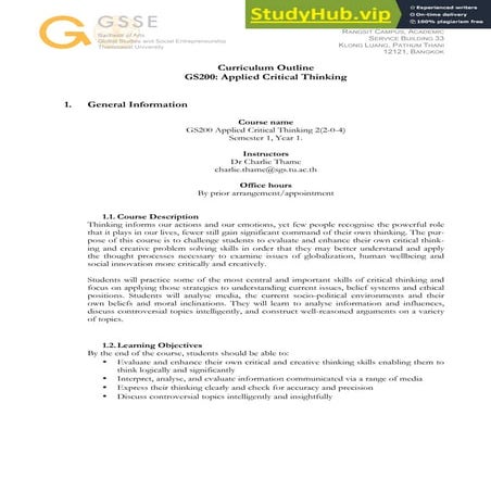 Applied Critical Thinking (GS200) Course Outline | PDF