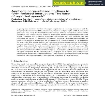 Applying Corpus Based Findings To Form Focused Instruction The Case Of Reported Speech Pdf