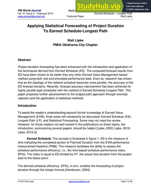 Applying Statistical Forecasting Of Project Duration To Earned Schedule Longest Path Pdf