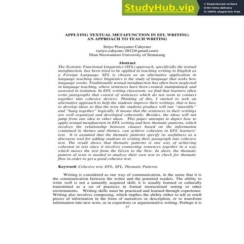 APPLYING TEXTUAL METAFUNCTION IN EFL WRITING AN APPROACH TO TEACH WRITING | PDF