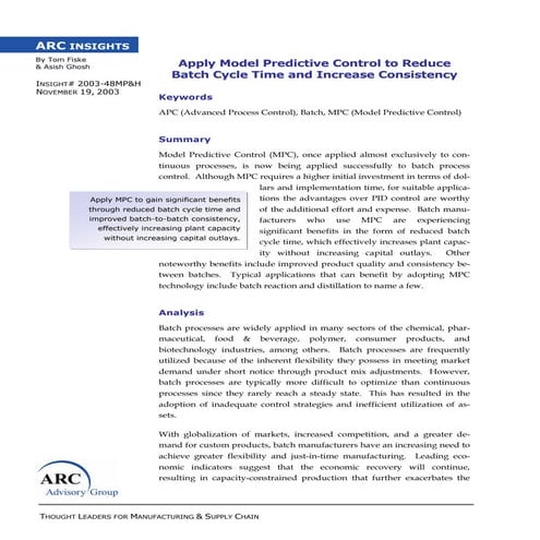 Apply Model Predictive Control To Reduce Batch Cycle Time And Increase