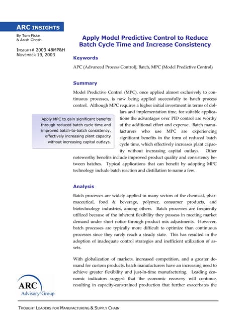 Apply Model Predictive Control To Reduce Batch Cycle Time And Increase
