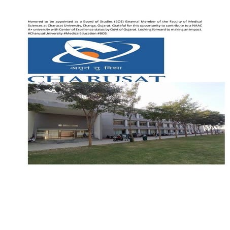 Appointed as a Board of Studies External member @ Charusat University,Changa,Gujarat | PDF