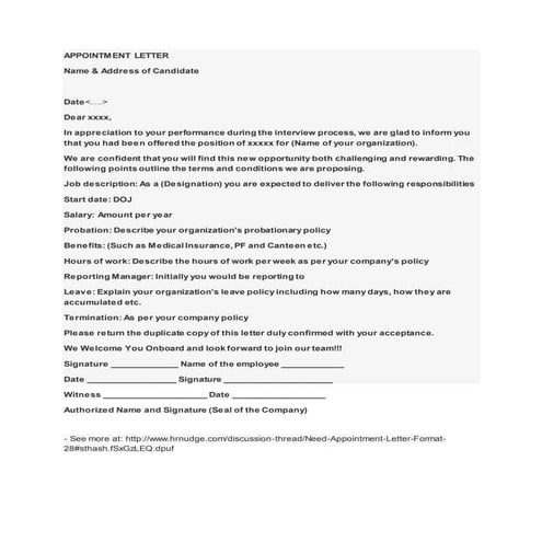 Sample Appointment letter - hrnudge.com