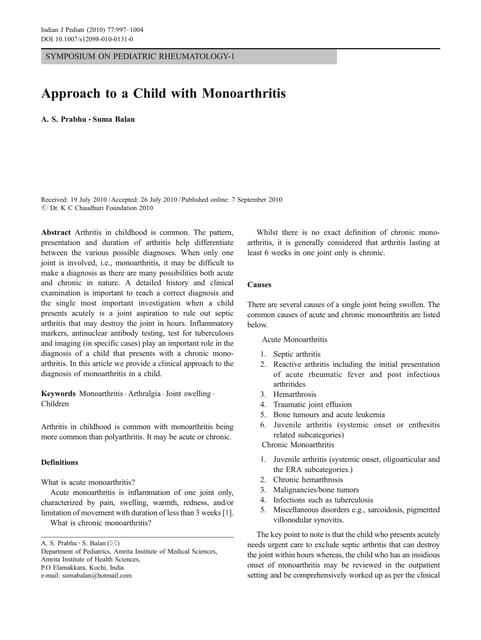 Approach to Arthritis in Children | PDF | Bone and Joint Conditions ...