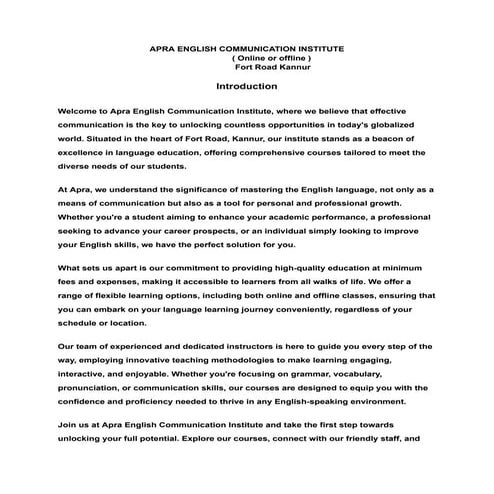 APRA ENGLISH COMMUNICATION INSTITUTE KANNUR | PDF