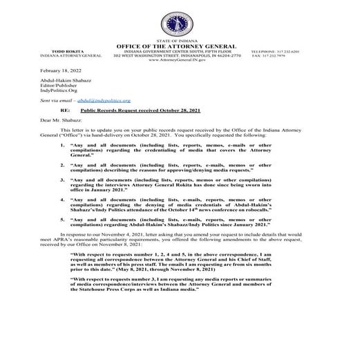 Rokita Denies Shabazz Open Records Request | PDF