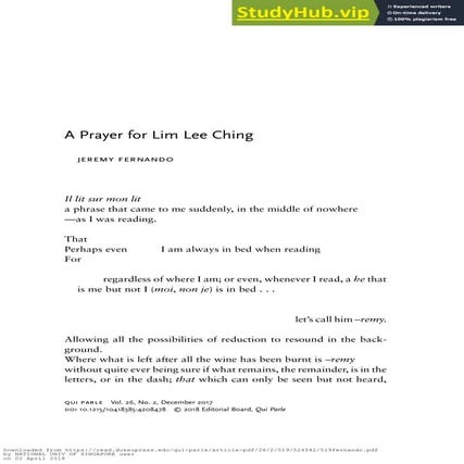 A Prayer For Lim Lee Ching | PDF