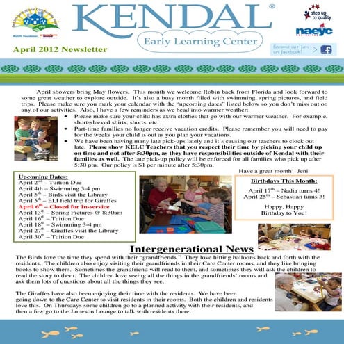 April 2012 newsletter | PDF | Daycare and Pre-School | Parenting