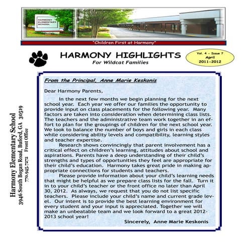 Harmony Elementary April 2012 Monthly Parent Newsletter | PDF