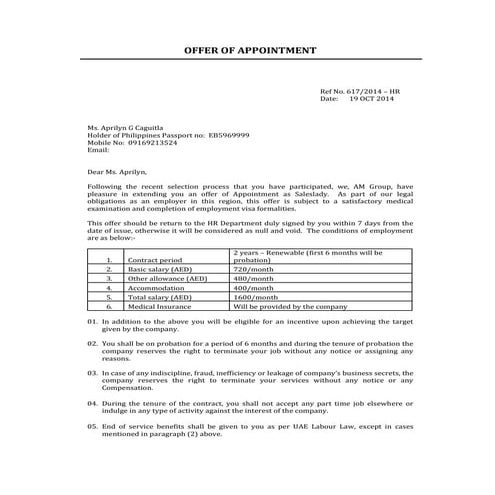 Format of appointment order | DOC