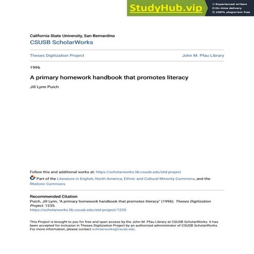 A Primary Homework Handbook That Promotes Literacy | PDF | Homework and ...