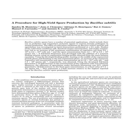 A procedure for high yield spore production by bacillus subtilis | PDF