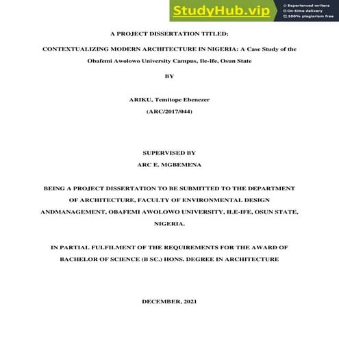 A PROJECT DISSERTATION TITLED CONTEXTUALIZING MODERN ARCHITECTURE IN NIGERIA A Case Study Of The ...