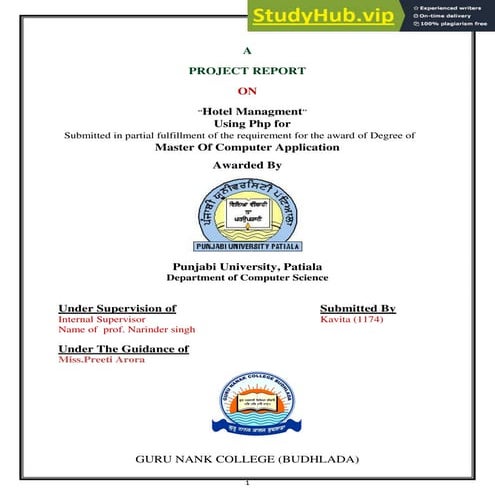 A PROJECT REPORT ON quot Hotel Managment quot Using Php for Master Of ...