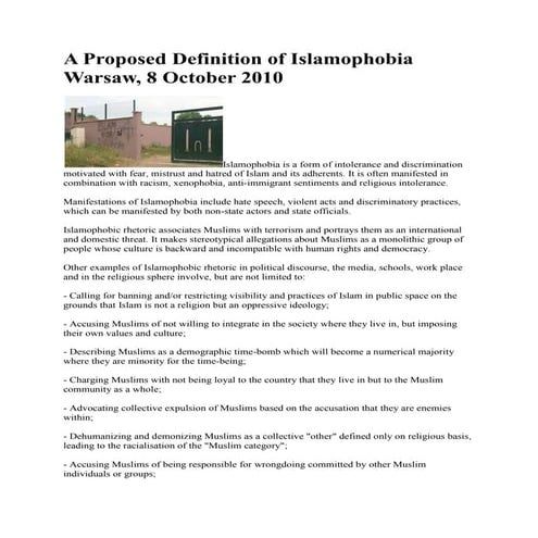 A proposed definition of islamophobia warsaw emisco | DOCX