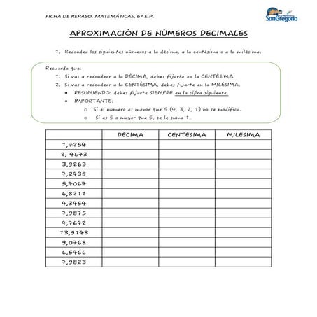 Ficha aproximación de números decimales. | PDF
