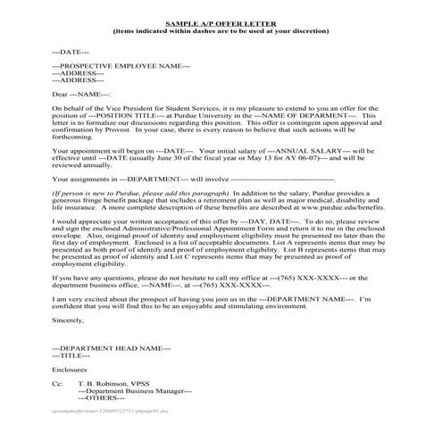 A p sample offer letter | DOC | Resume Writing and Advice | Job Search
