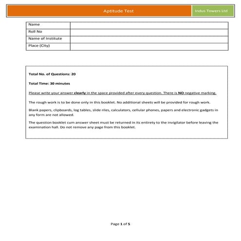 Aptitude test Indus towers with answer key | PDF