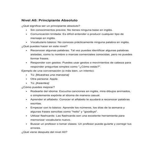 Apuntes niveles de ingles A0 / Nivel A0: Principiante Absoluto | DOCX