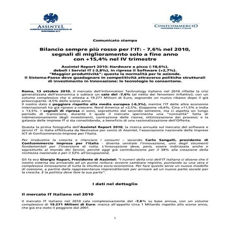 Comunicato stampa: Assintel Report 2010 | PDF | Computer Software and Applications | Computing