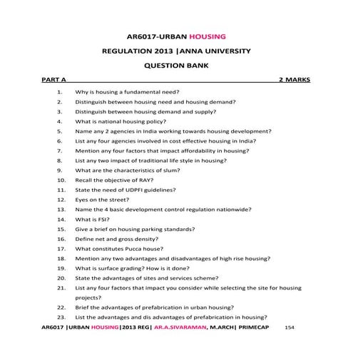 Ar6017 urban housing question bank no copy | PDF